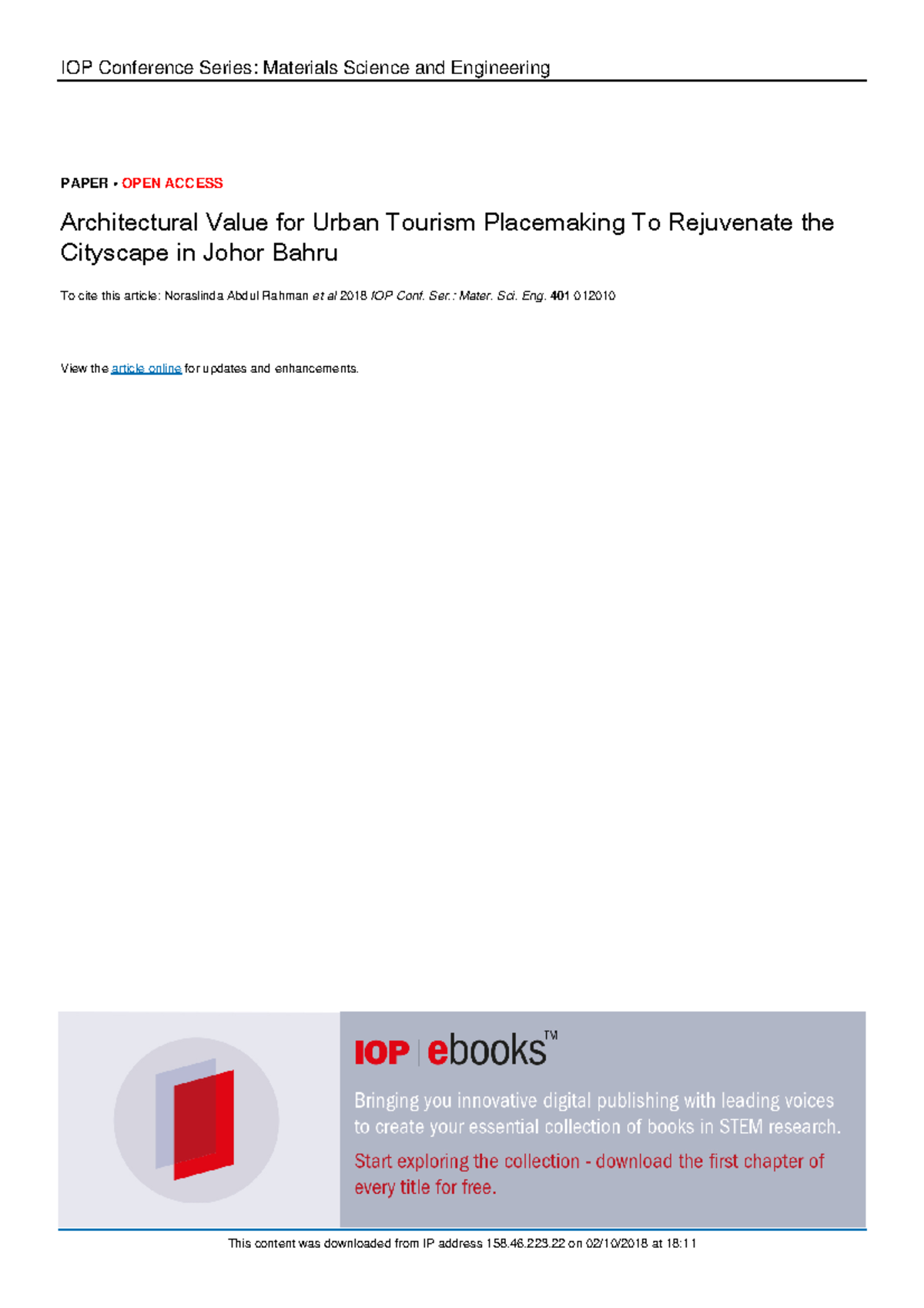 Architectural Value for Urban Tourism Placemaking - Ser.: Mater. Sci ...