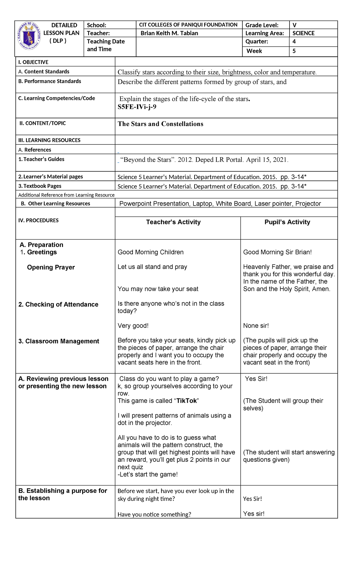 Detailed Lesson plan for Science 5 Celestial bodies for grade 5 ...