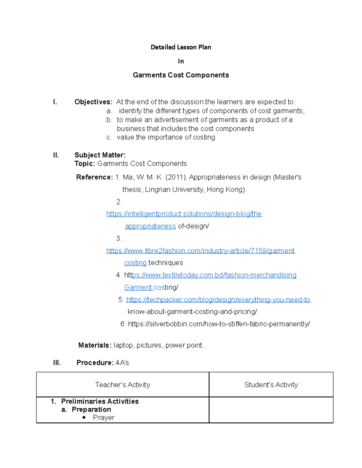 Rowena Mahinay - lets go - Detailed Lesson Plan In Garments Cost ...