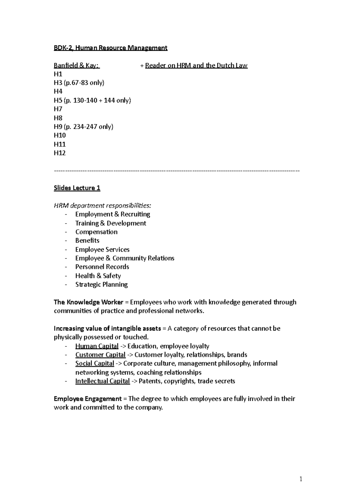 Human Resource Management - Summary - lecture 1 - 2 - Human Resource ...