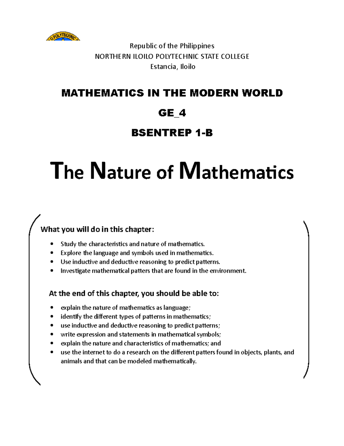 Mathematics IN THE Modern World - Republic of the Philippines NORTHERN ...
