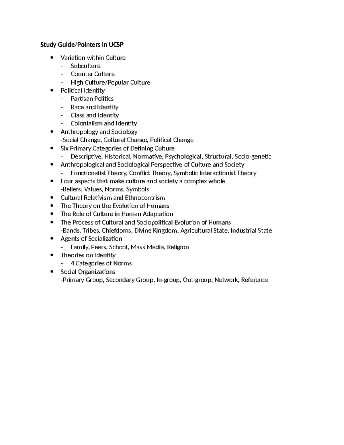 Study Coverage in UCSP - Reviewer - Study Guide/Pointers in UCSP Variation within Culture ...