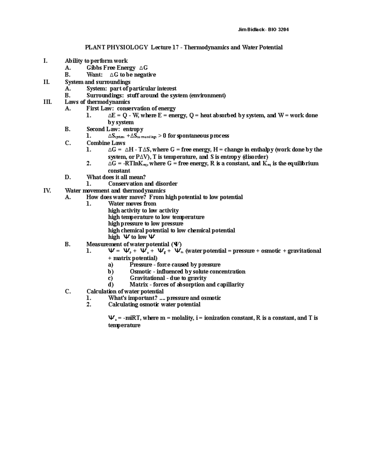 Water - PLANT PHYSIOLOGY LECTURE NOTES - Jim Bidlack - BIO 3204 PLANT ...