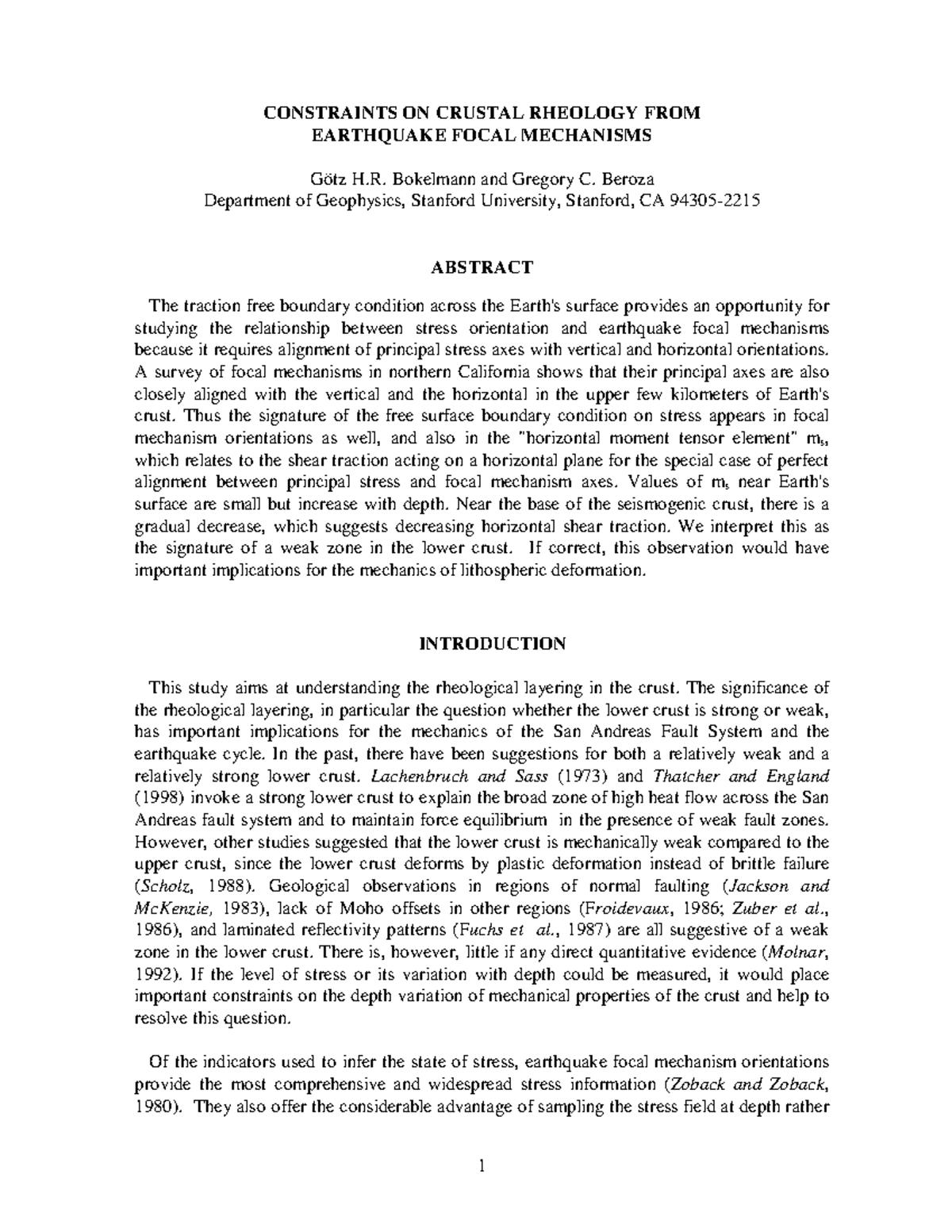 Crustal rheology from Focal Mechanisms Bokelmann Beroza Stanford U 2005 ...