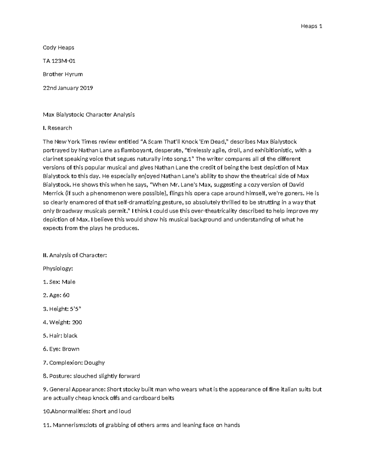 Character Analysis Max Bialystock - Cody Heaps TA 123M- Brother Hyrum ...