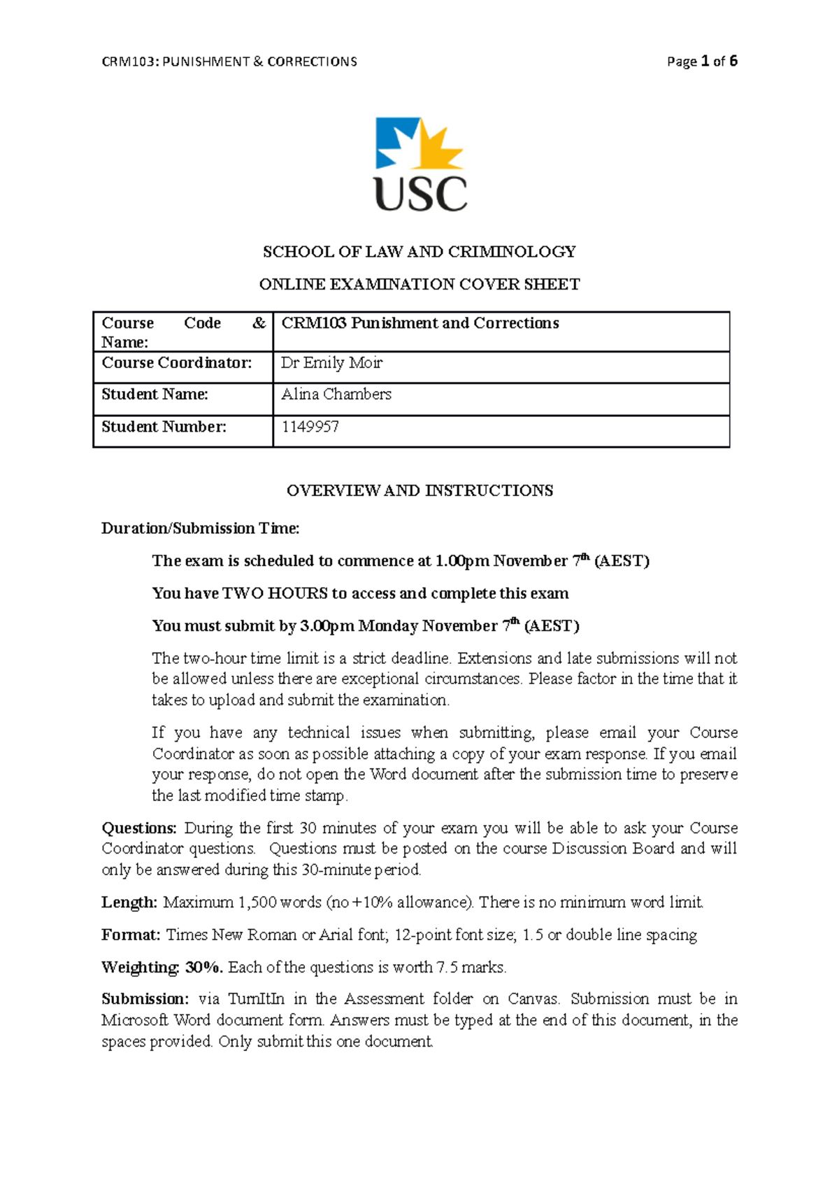 CRM103 Alina Chambers 2022 Final Exam - SCHOOL OF LAW AND CRIMINOLOGY ...