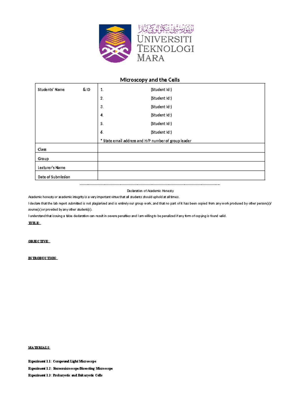 4. BIO122 LAB Report Template WITH Cover - BIO HISTOLOGY OF CELLS AND ...