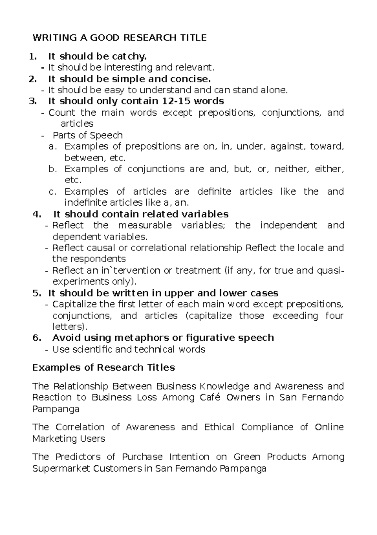 PART 2 - notes pr1 - WRITING A GOOD RESEARCH TITLE It should be catchy ...