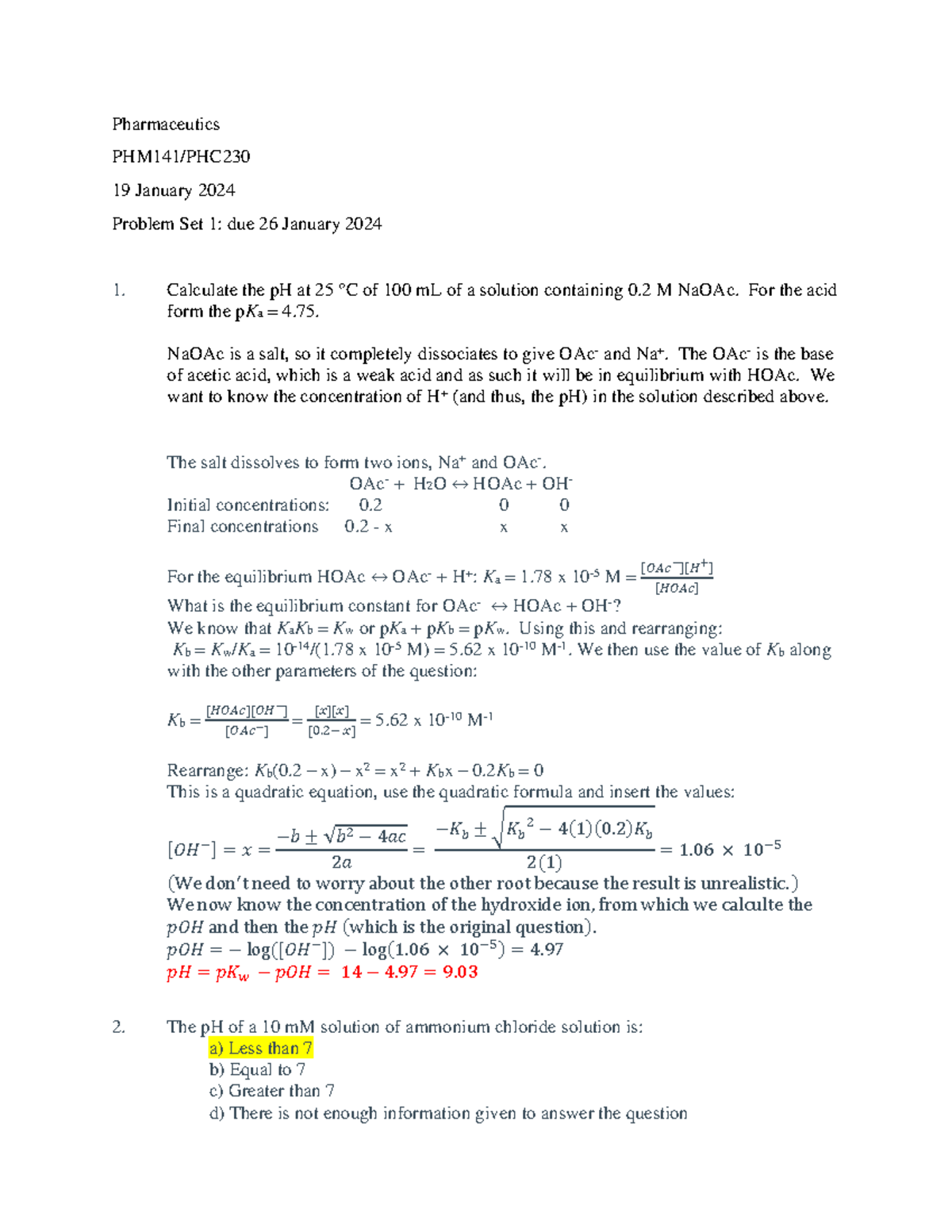 240131 Problem set 1 - Pharmaceutics PHM141/PHC 19 January 202 4 ...