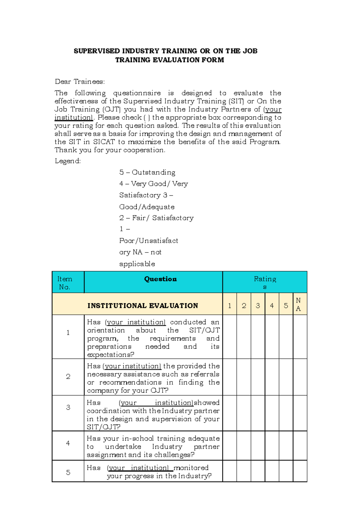 Supervised Industry Training OR ON THE JOB Training Evaluation FORM ...