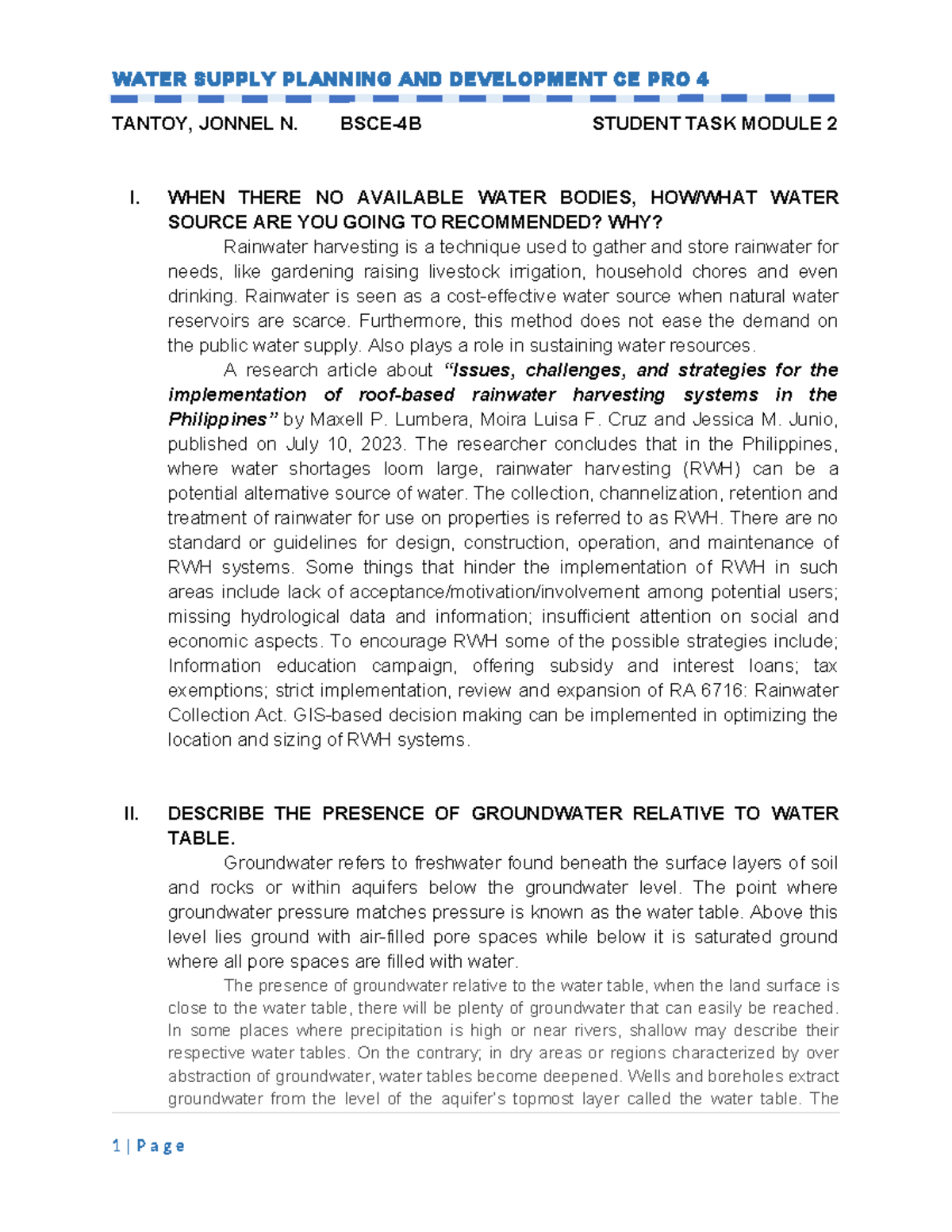 PRO 4 Module 2 Takeaways - WATER SUPPLY PLANNING AND DEVELOPMENT CE PRO ...