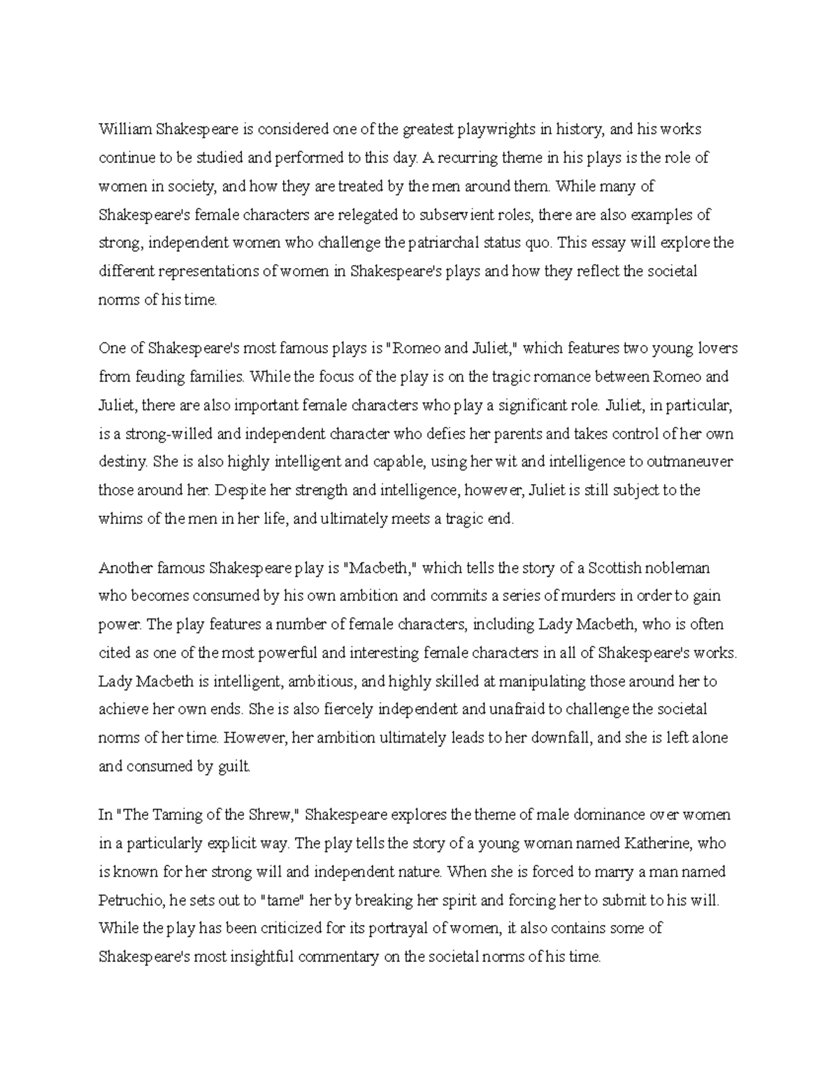 The Role of Women in Shakespeare's Plays - William Shakespeare is ...