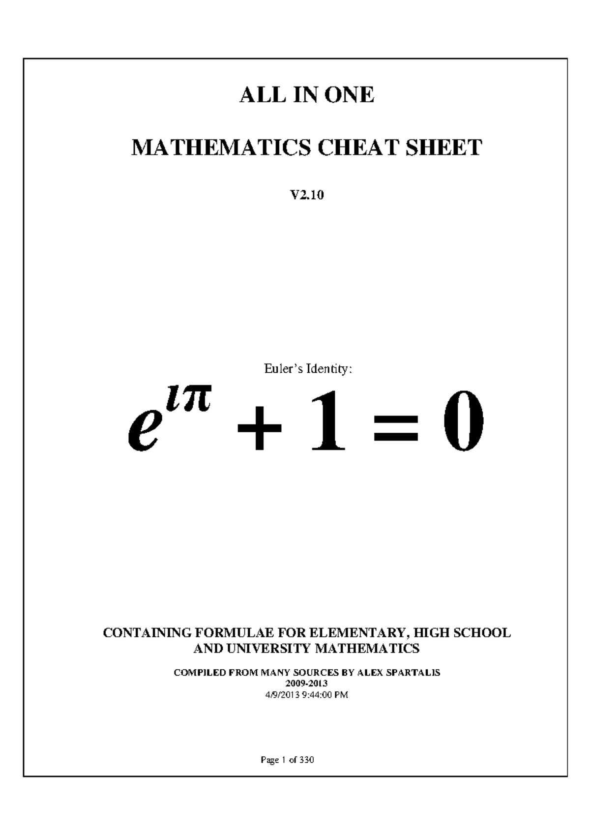 Mathematics Cheat Sheet All In One Mathematics Cheat Sheet V2 E I Ã 1 0 Containing