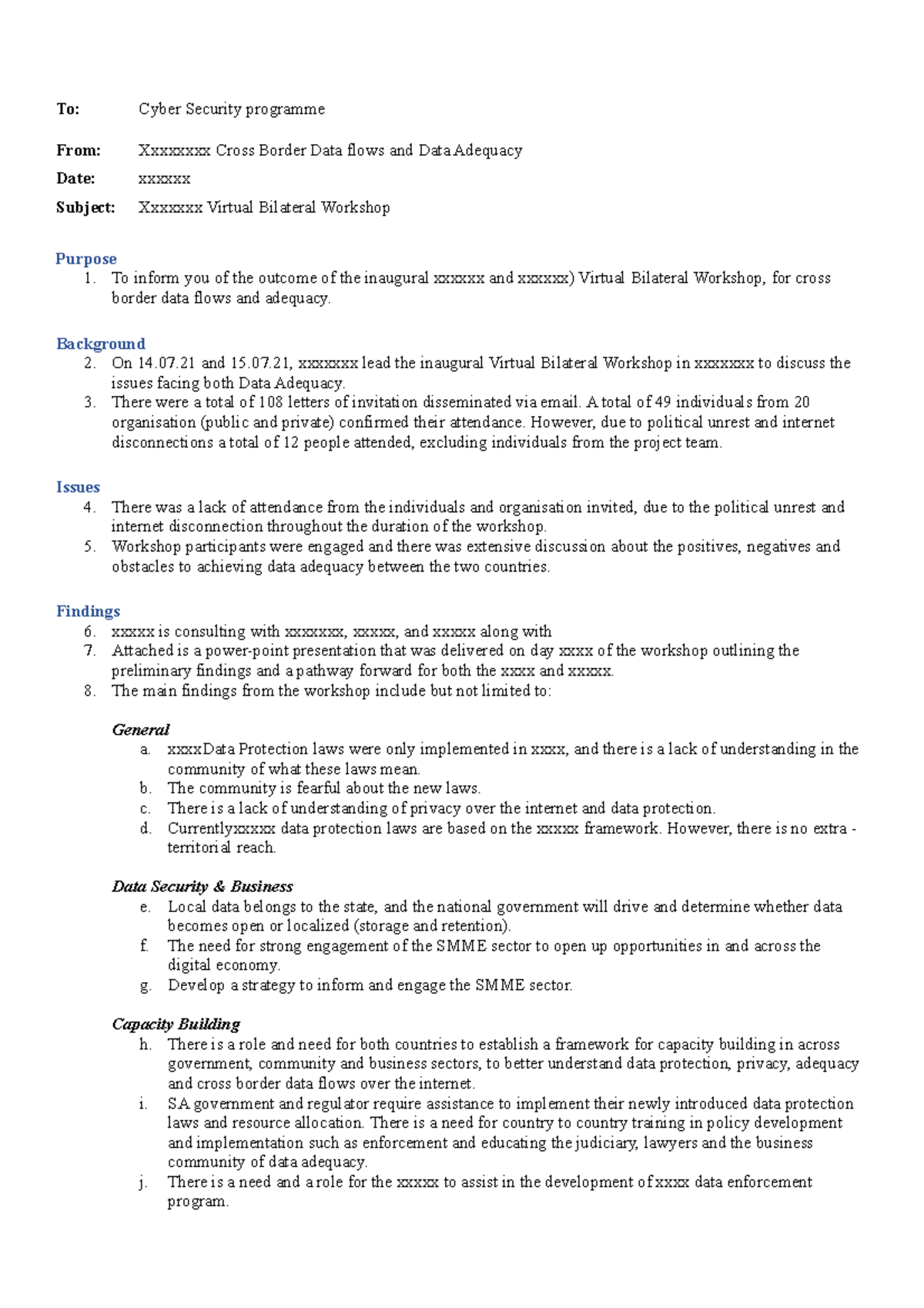 UTAS - sample Memo - To: Cyber Security programme From: Xxxxxxxx Cross ...