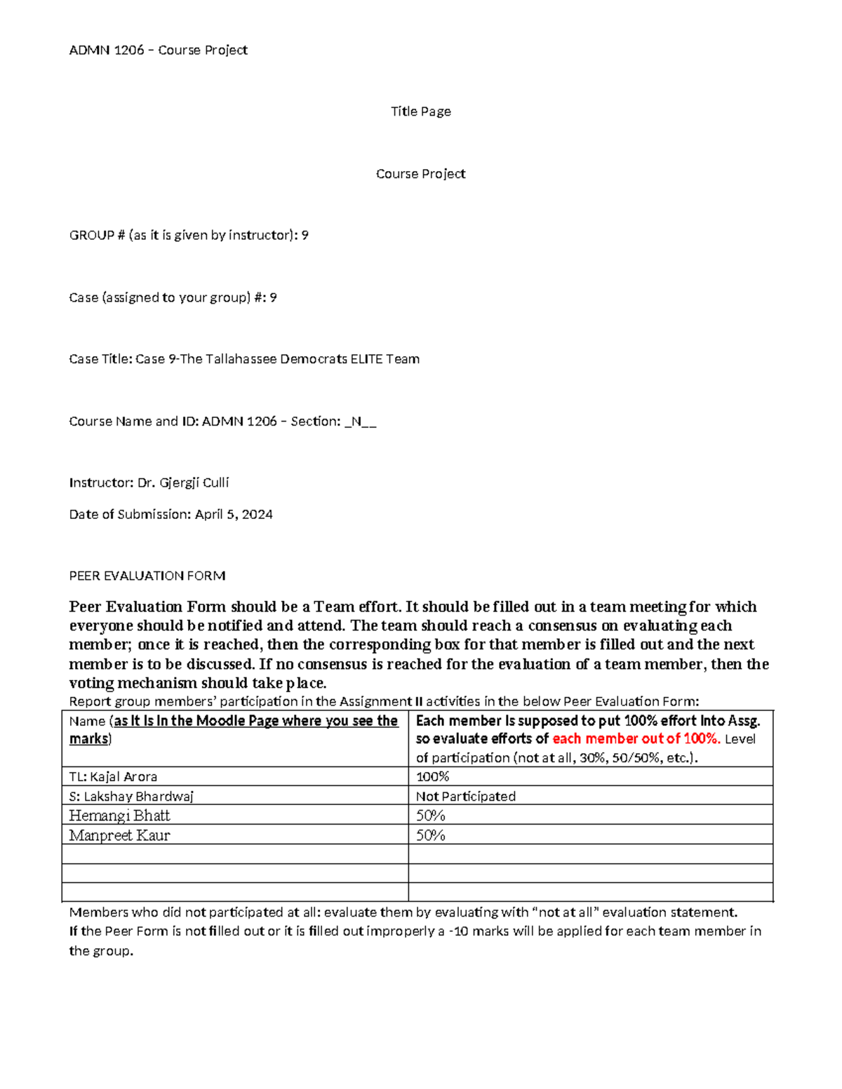 CP sol Template Case 9 - ADMN 1206 – Course Project Title Page Course ...