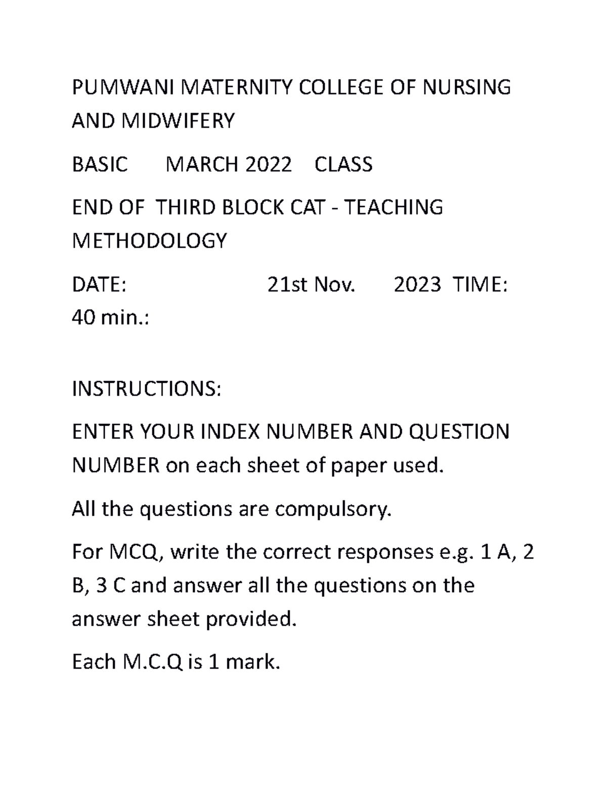 Cat - Teaching methodology questions for nurses - PUMWANI MATERNITY ...