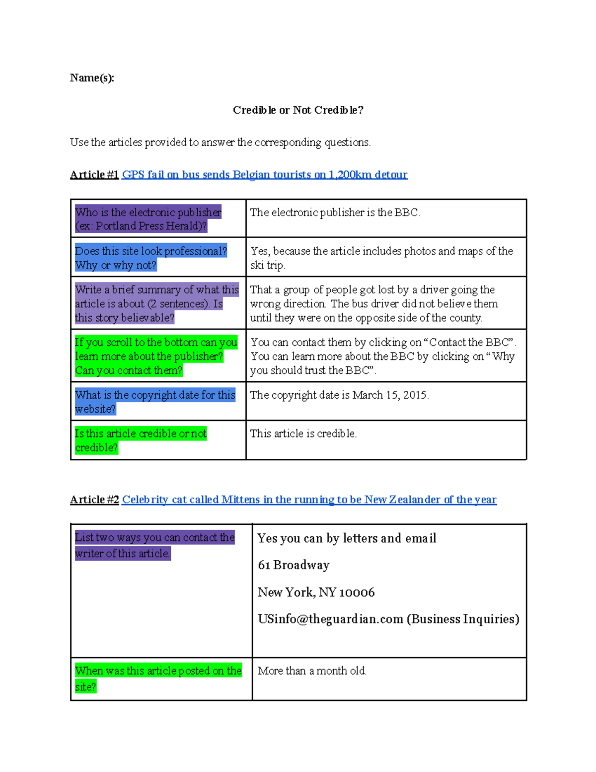 Credible or Not Credible - Name(s): Credible or Not Credible? Use the ...