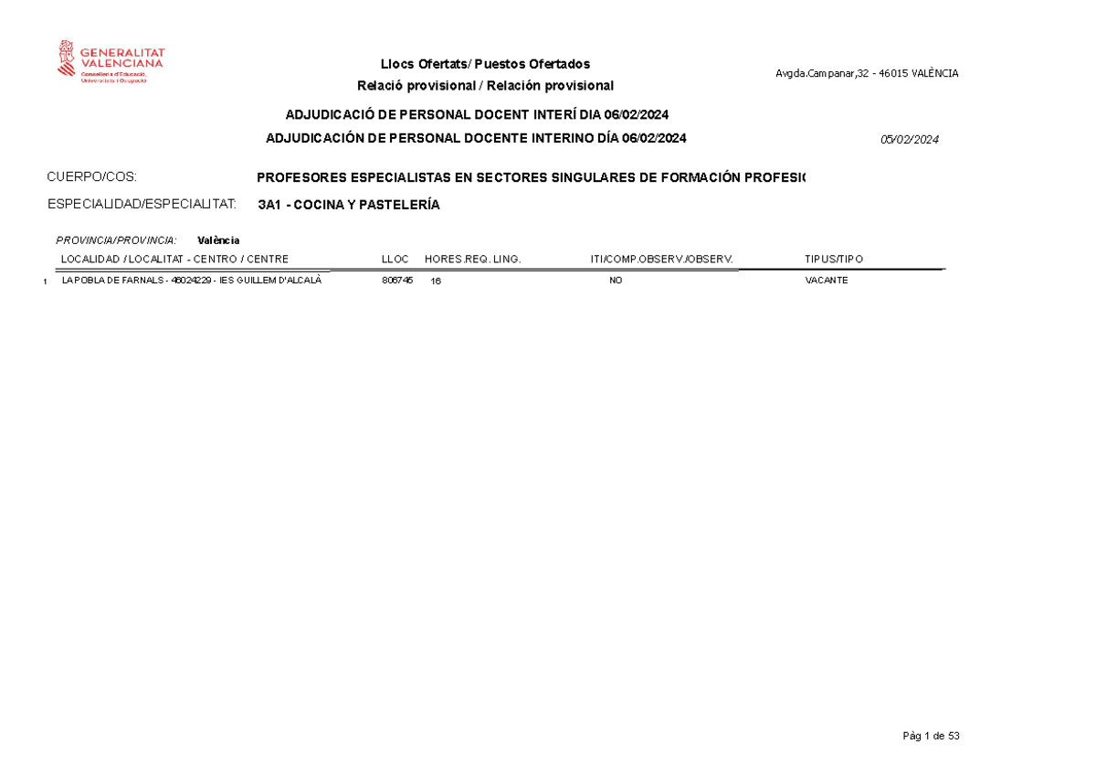 240206 pue prov - 05/02/ Avgda,32 - 46015 VALÈNCIA ADJUDICACIÓN DE PERSONAL DOCENTE INTERINO DÍA ...