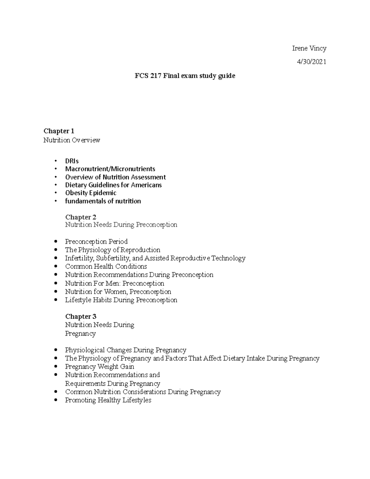 FCS 217 final exam study guide - Irene Vincy 4/30/ FCS 217 Final exam ...