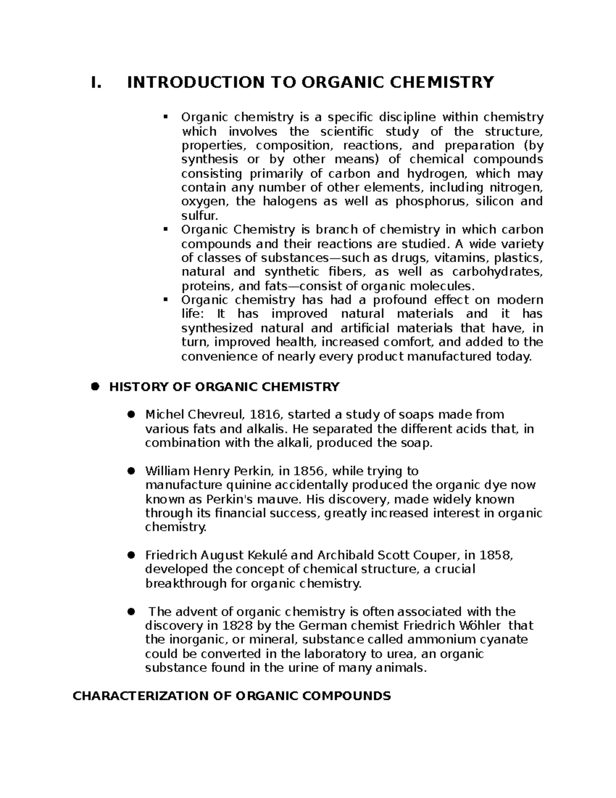 CHEM 3 - CHEM 3 notes - I. INTRODUCTION TO ORGANIC CHEMISTRY Organic ...
