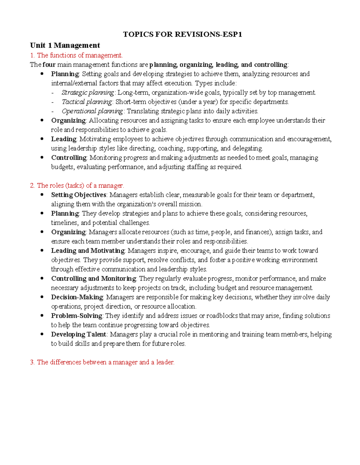 Topics FOR Revisions ESP1 - TOPICS FOR REVISIONS-ESP Unit 1 Management ...