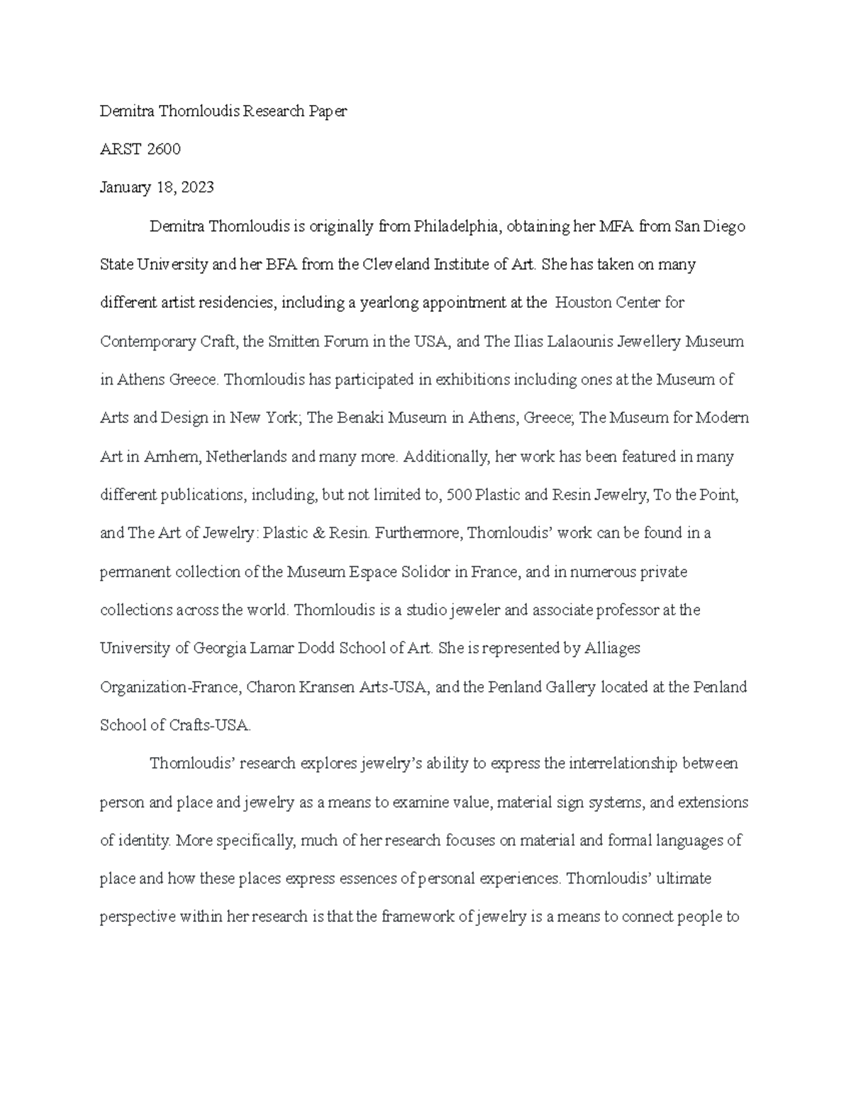 Artist Research Paper - Demitra Thomloudis Research Paper ARST 2600 ...