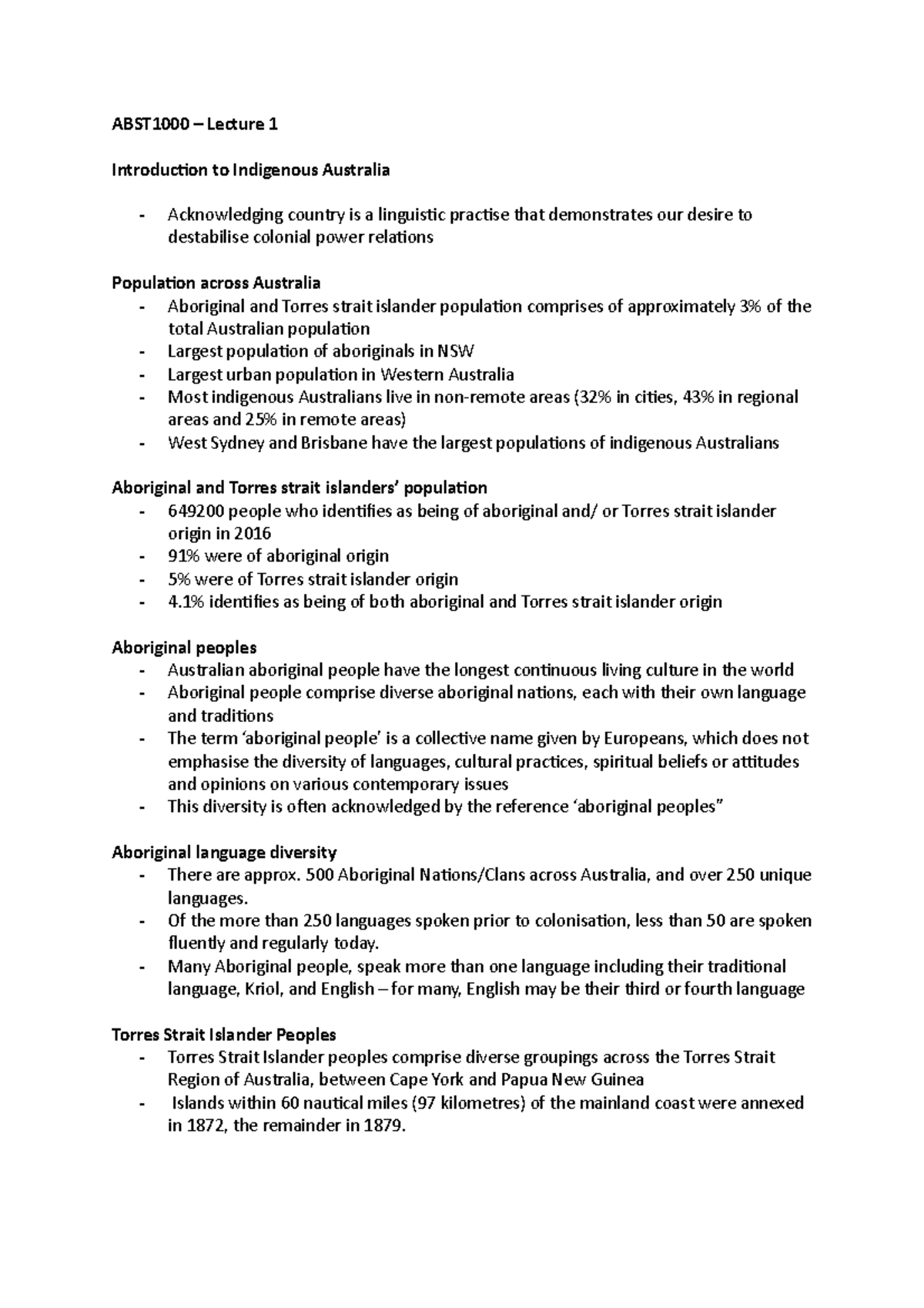 Lecture 1 Notes - ABST1000 – Lecture 1 Introduction to Indigenous ...