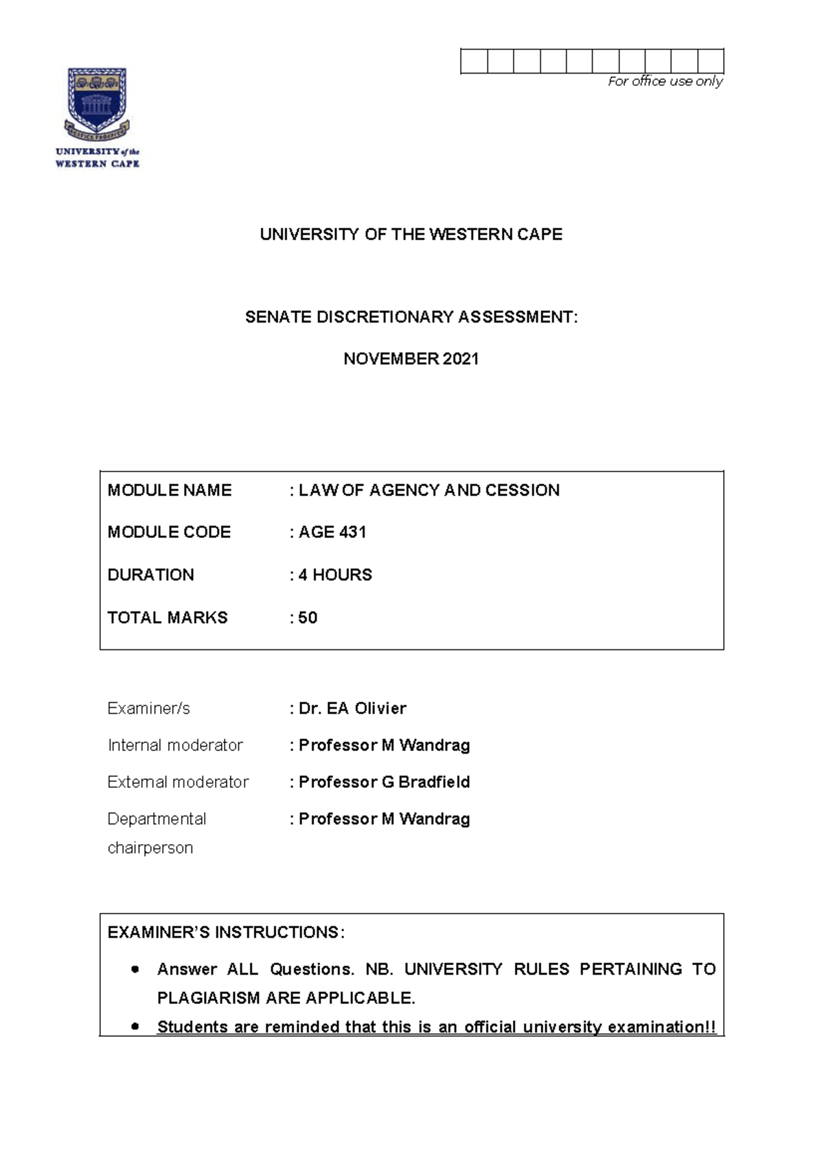 AGE431+SDA+2021 - For office use only UNIVERSITY OF THE WESTERN CAPE ...