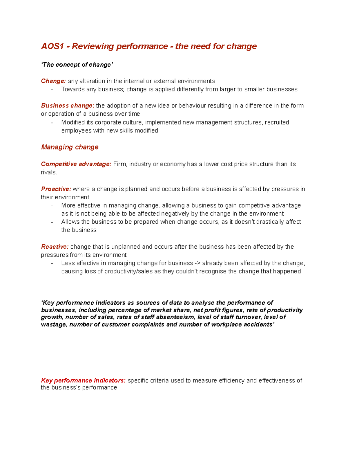 Unit 4 AOS1 Notes - AOS1 - Reviewing performance - the need for change ...