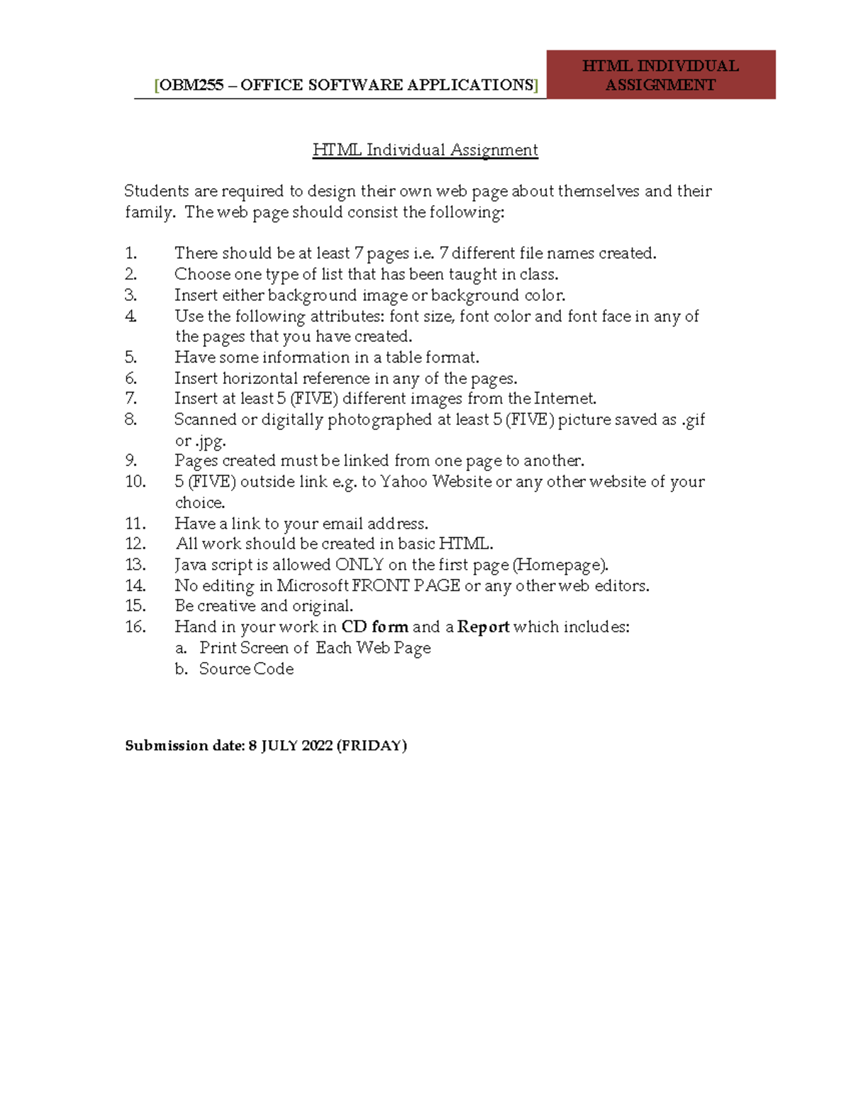 HTML Assignment 2022 - [OBM255 – OFFICE SOFTWARE APPLICATIONS] HTML ...