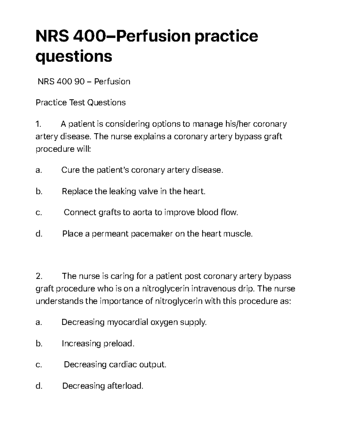 NRS 400–Perfusion practice questions - NRS 400–Perfusion practice ...