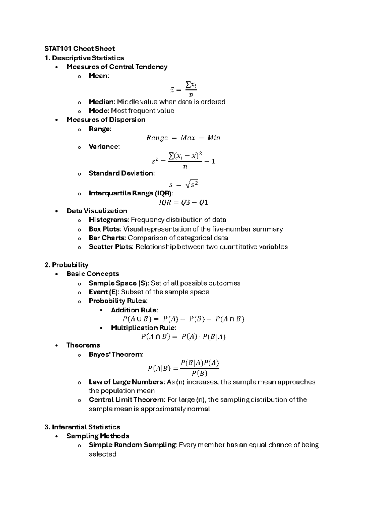 Final Exam Cheat Sheet - STAT101 Cheat Sheet Descriptive Statistics ...