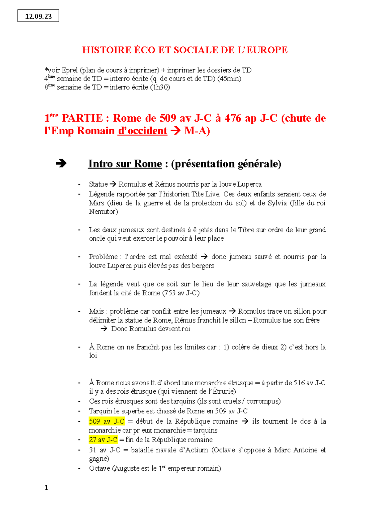 1ère Partie - Rome - HISTOIRE ÉCO ET SOCIALE DE L’EUROPE *voir Eprel ...