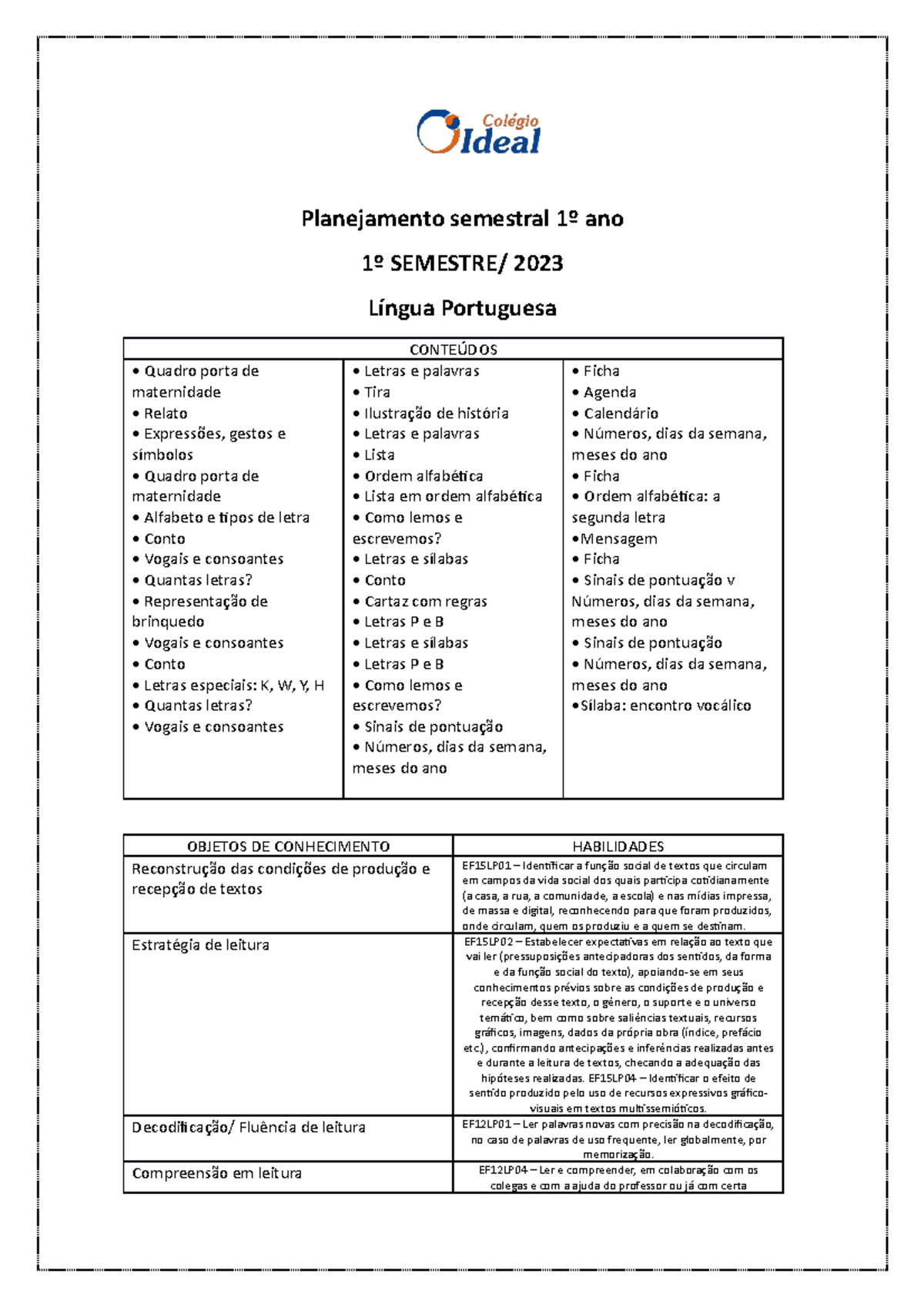 1º semestre Lingua Portuguesa - Planejamento semestral 1º ano 1º ...