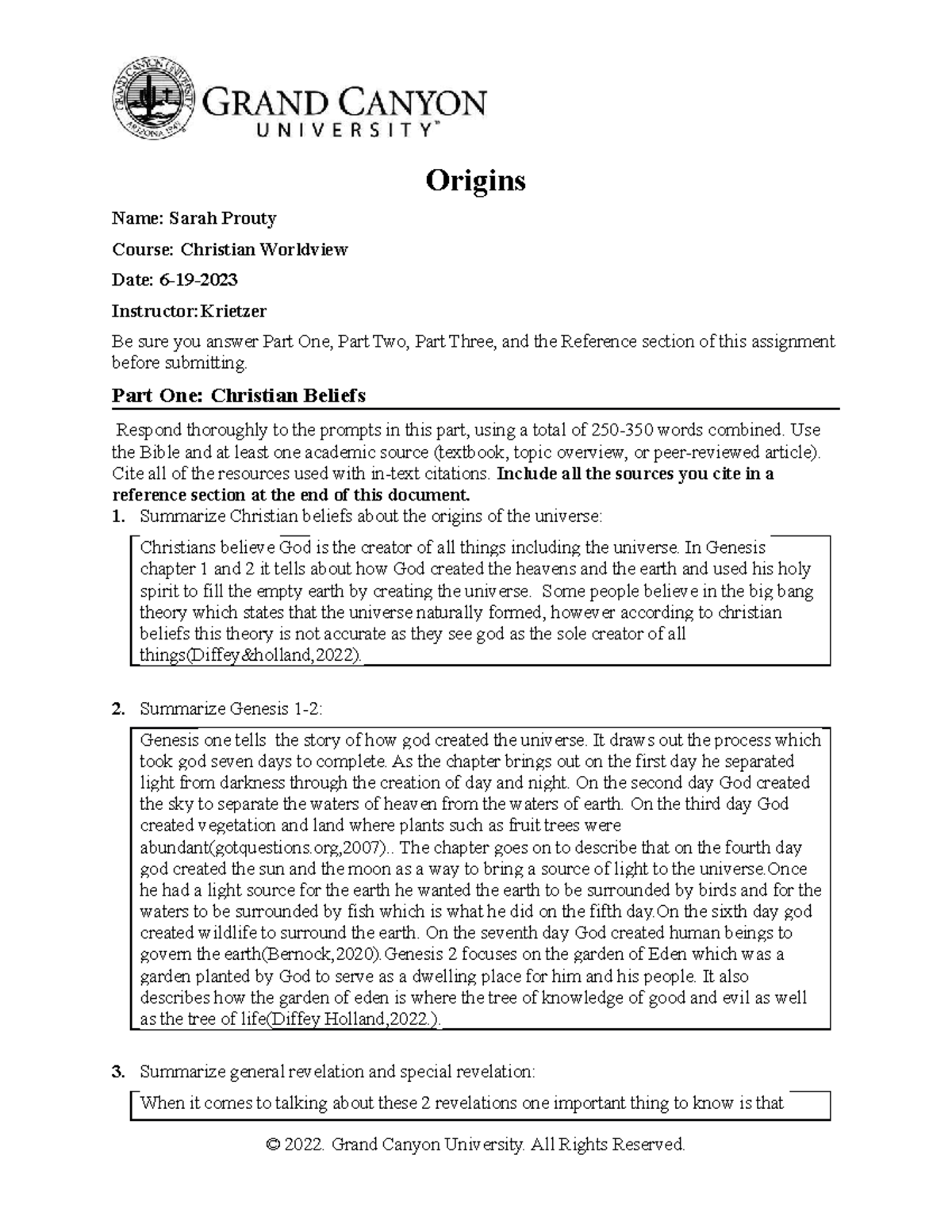 Origins 3 - Origins Name: Sarah Prouty Course: Christian Worldview Date ...