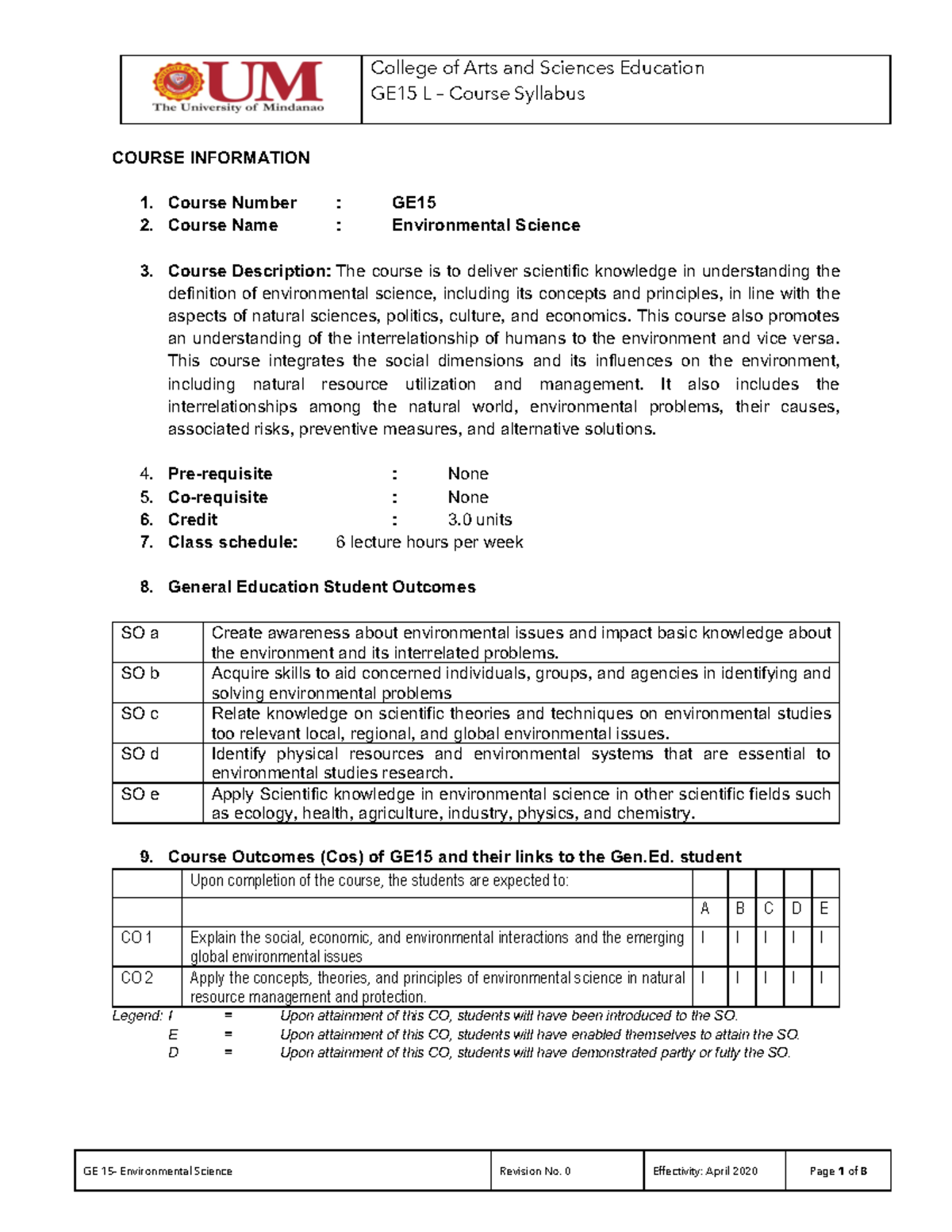 GE15 Environmental Science Syllabus GE15 Environmental Science Syllabus