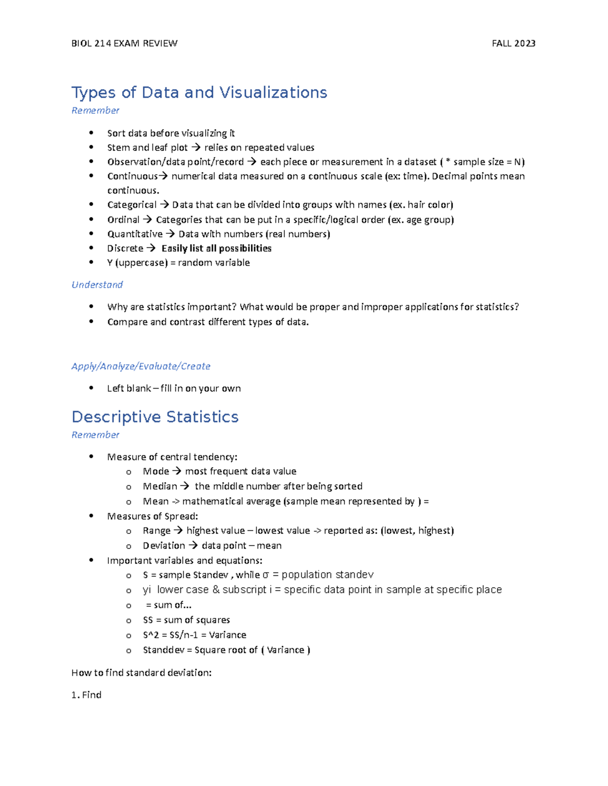 Cleaned exam1review - Genetics exam 2 study guide - Types of Data and Visualizations Remember ...