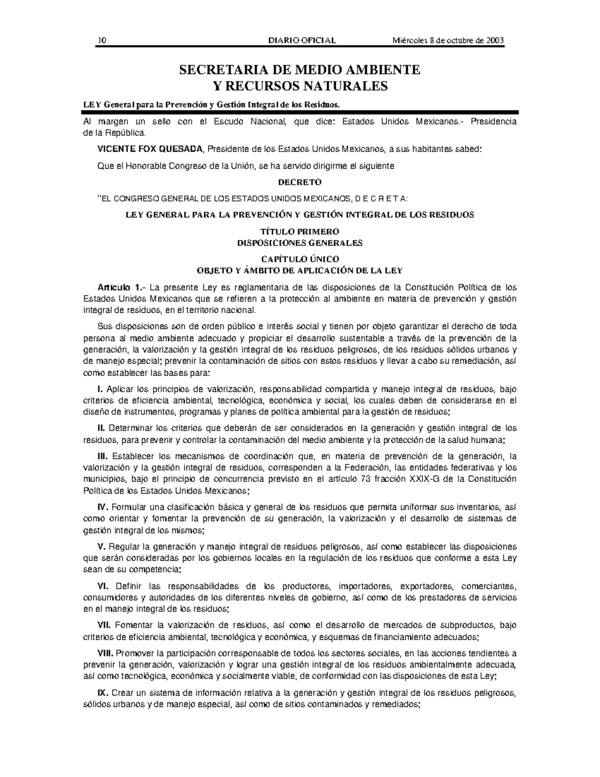 Lgpgir orig 08oct03 - Ley general de residuos peligrosos - 10 DIARIO ...