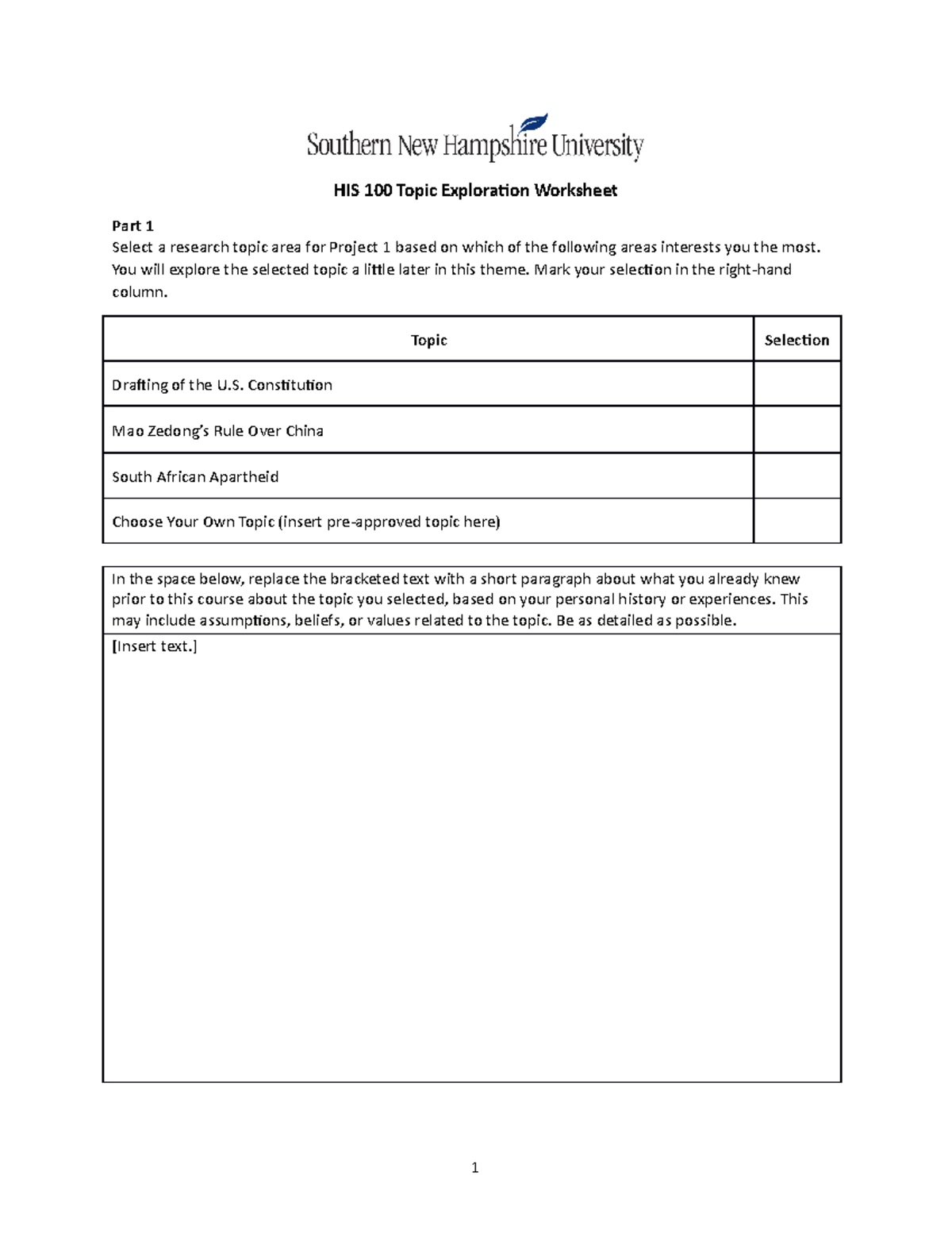 HIS 100 Topic Exploration Worksheet - HIS 100 Topic Exploration ...