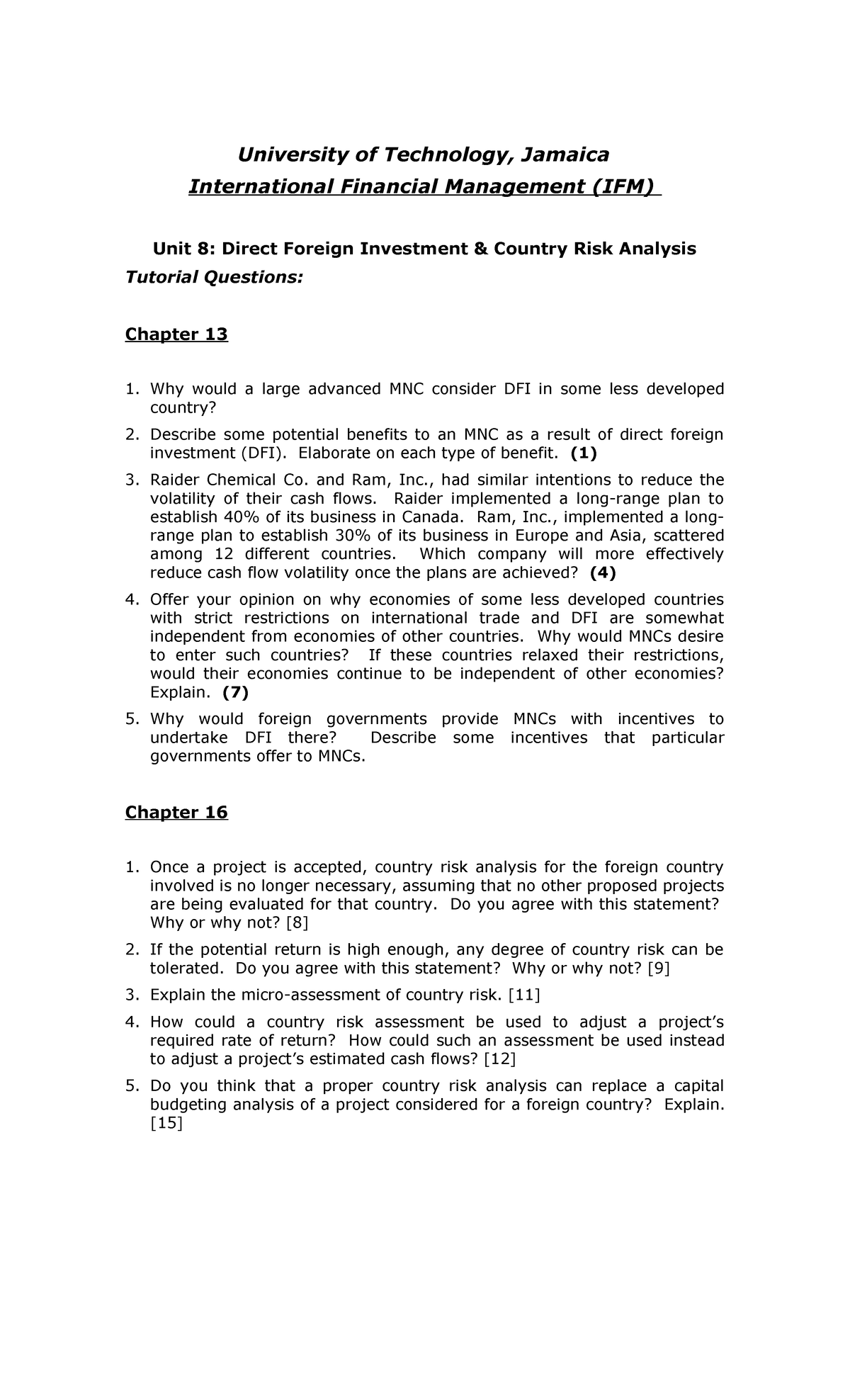 IFM Units 8 Tutorial Questions - University of Technology, Jamaica ...