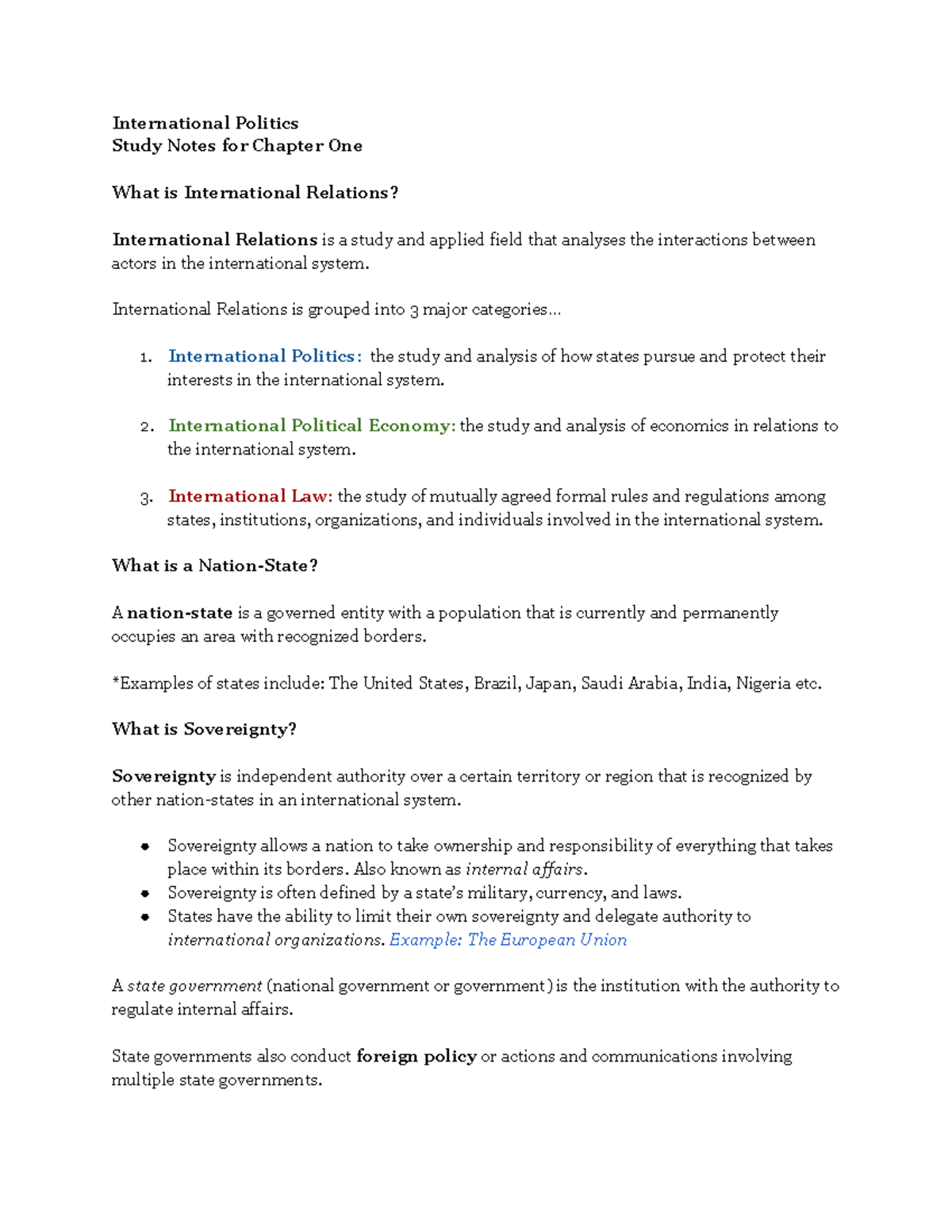 International Politics Chapter 1 Notes - International Politics Study ...