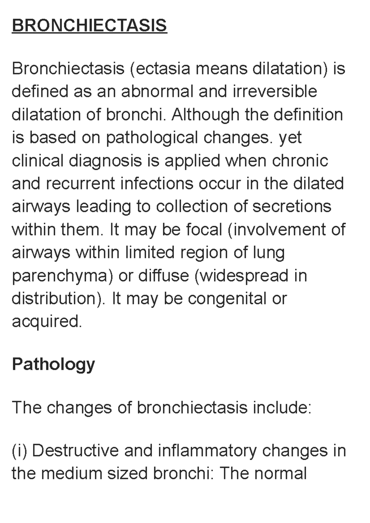 Bronchiectasis Notes Bronchiectasis Bronchiectasis Ectasia Means Dilatation Is Defined As An