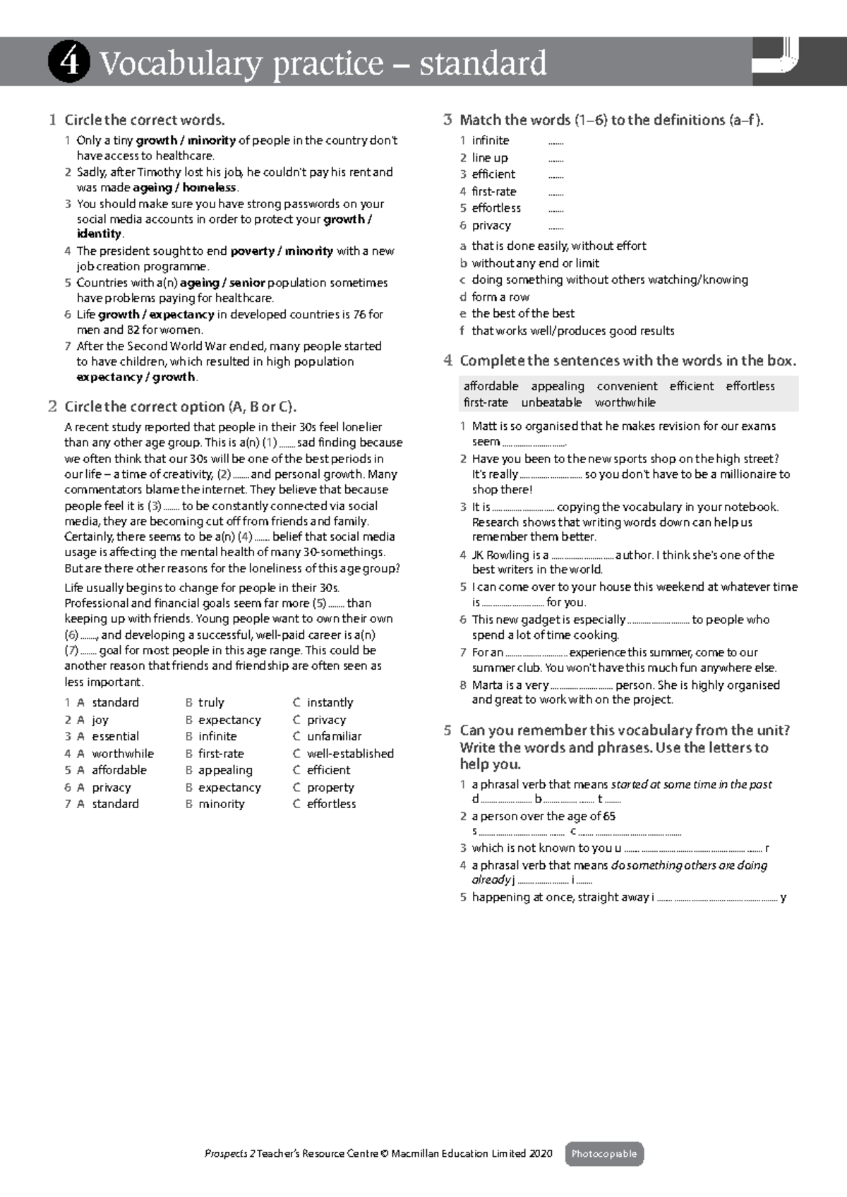 EP U04 Vocabulary Practice standard - Vocabulary practice – standard Prospects 2 Teacher’s ...