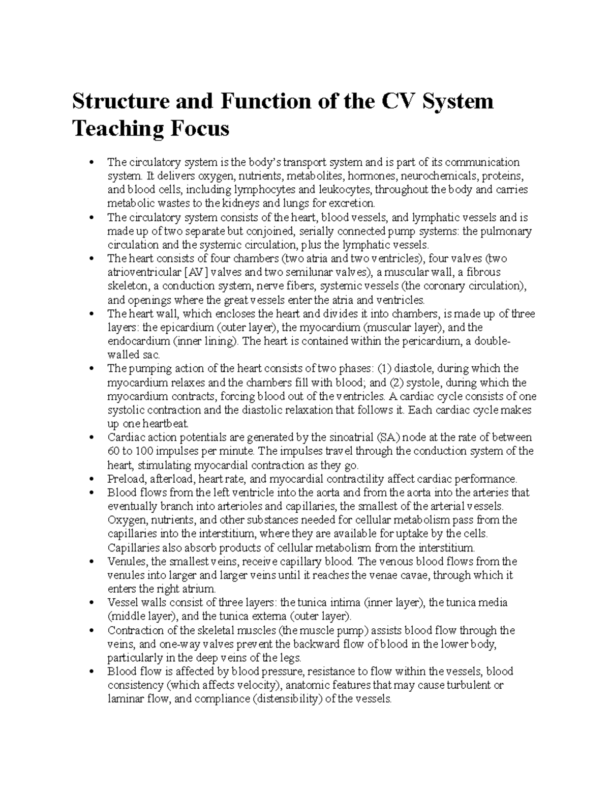Structure and Function of the CV System Teaching Focus - It delivers oxygen, nutrients ...