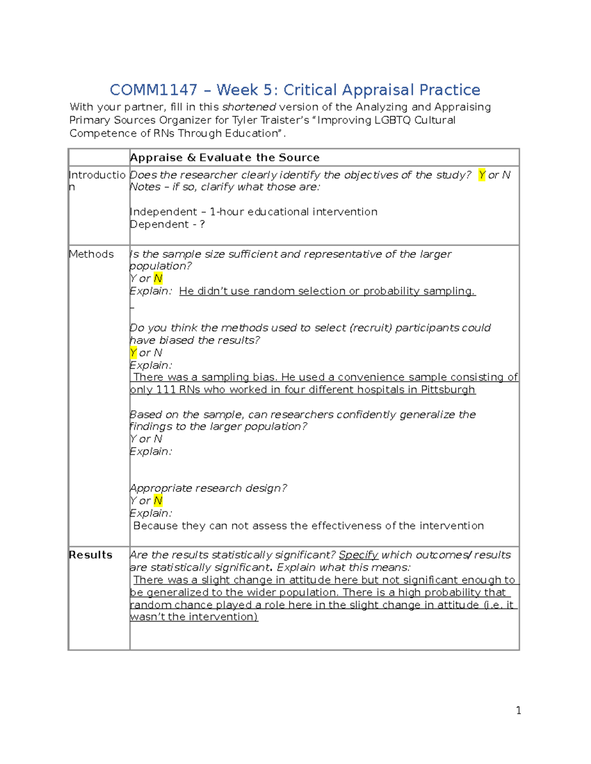 Week 5 Worksheet - Critical Appraisal & PICO - COMM1147 – Week 5 ...