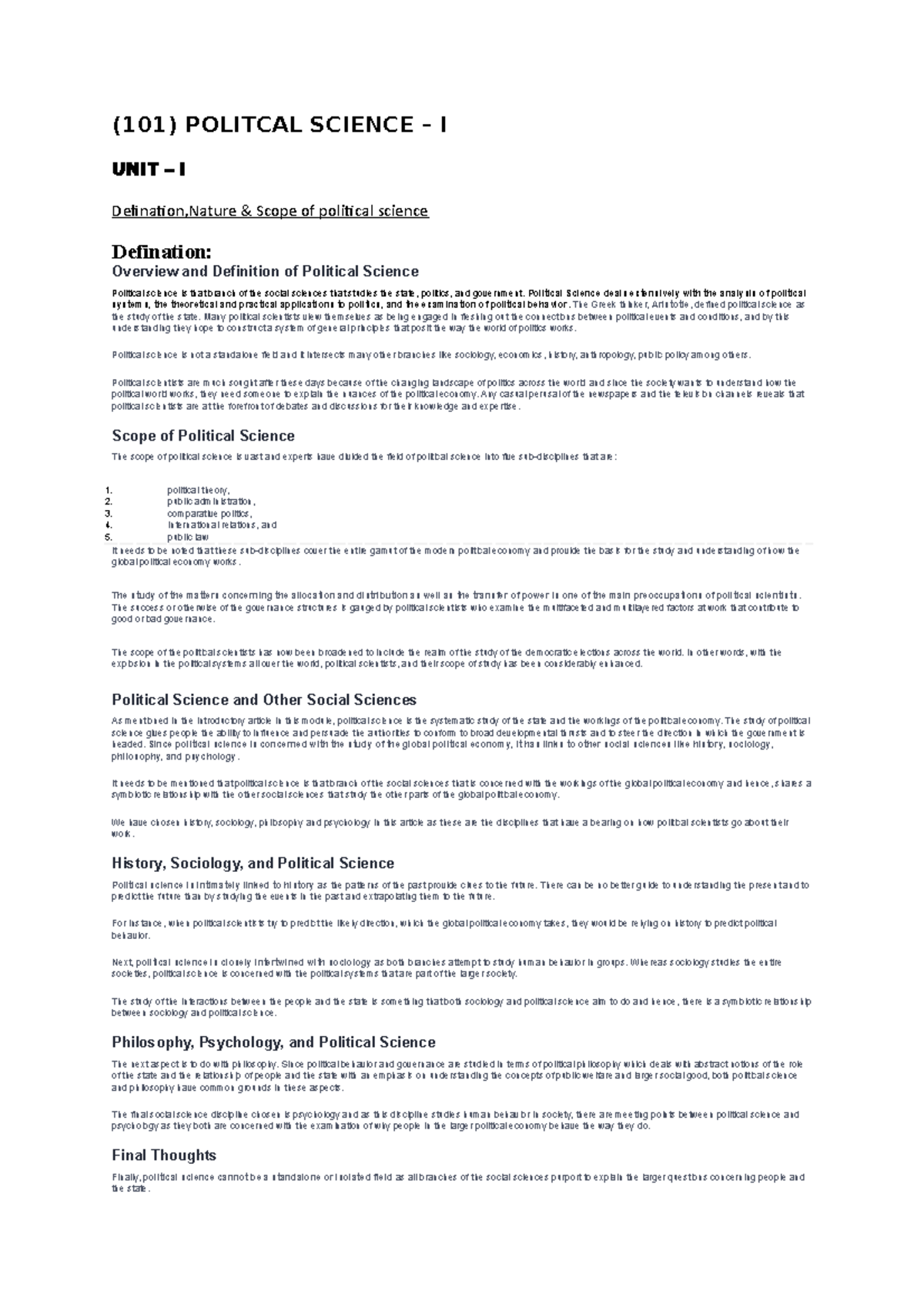 101 - this is very useful - (101) POLITCAL SCIENCE – I UNIT – I ...
