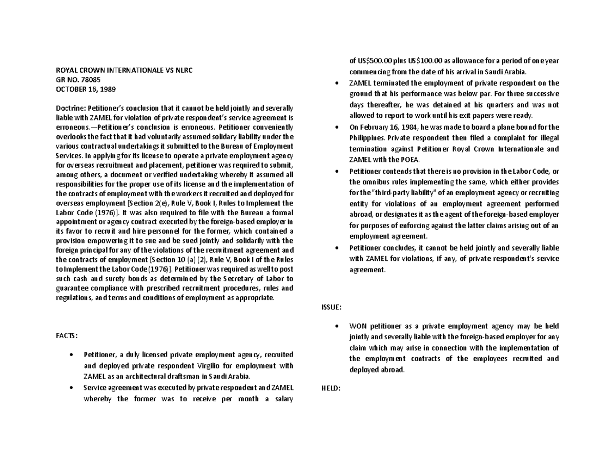 Royal Crown v NLRC case digest - ROYAL CROWN INTERNATIONALE VS NLRC GR ...