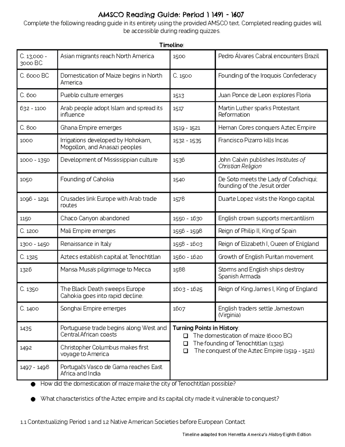 Period 1 Amsco Reading Guide - HIS 315L - University of Texas - Studocu