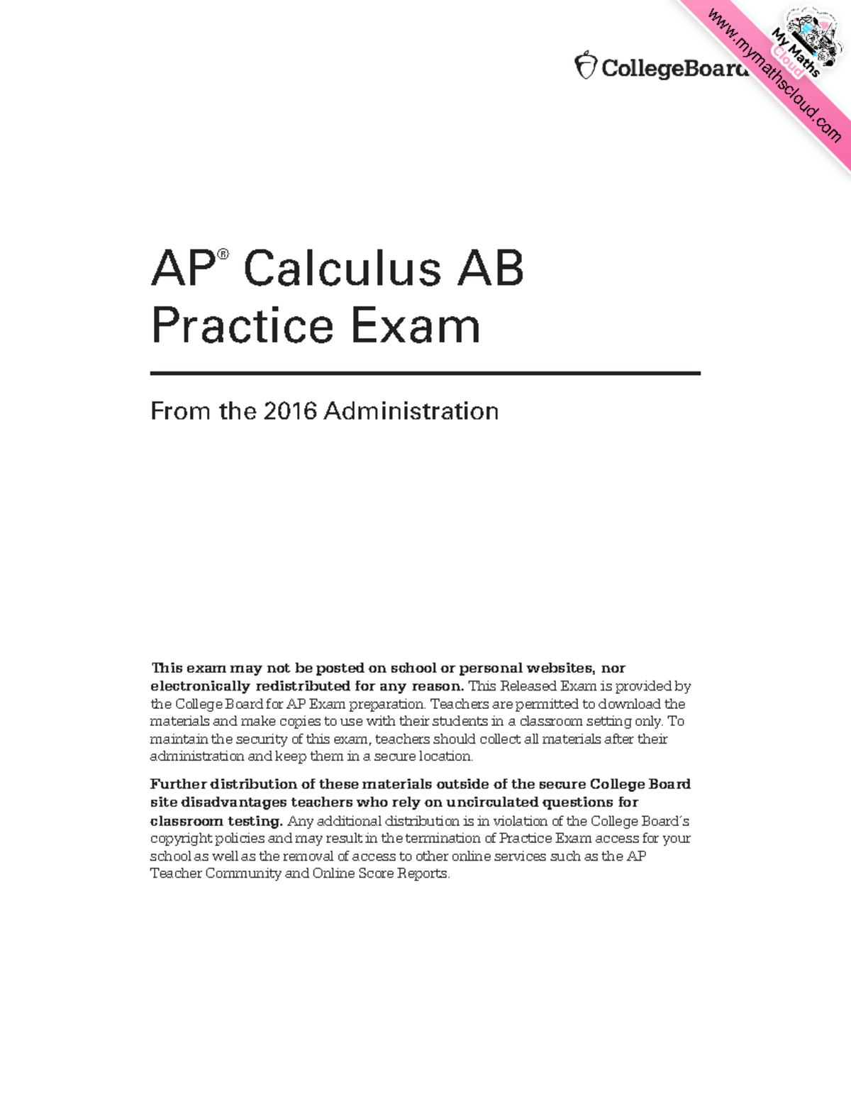AB 2016 Practice Paper - dasdasd - AP ® Calculus AB Practice Exam From ...