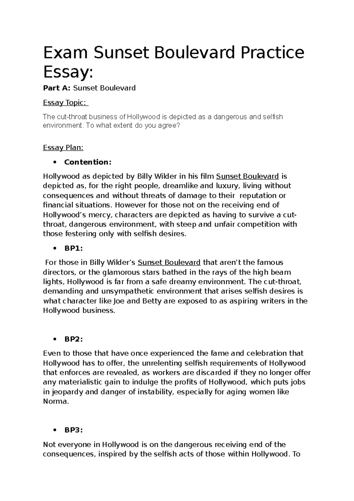 Sunset Boulevard Essay 1 - Exam Sunset Boulevard Practice Essay: Part A ...